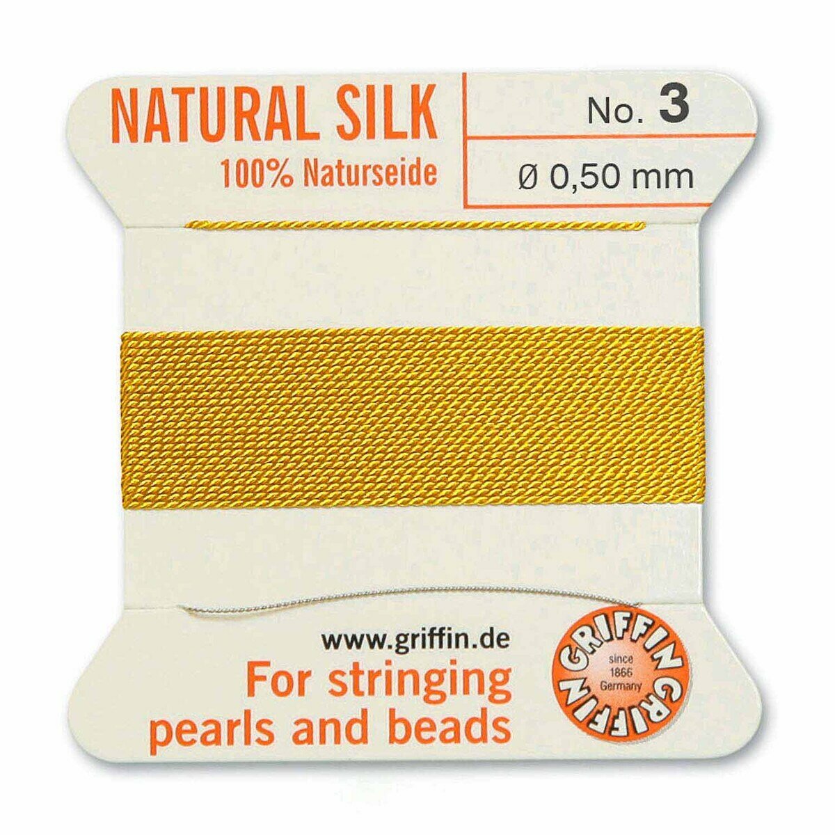 Нить шелковая, Griffin No.3 (0.5мм), жёлтая, с иглой, моток, 2 метра