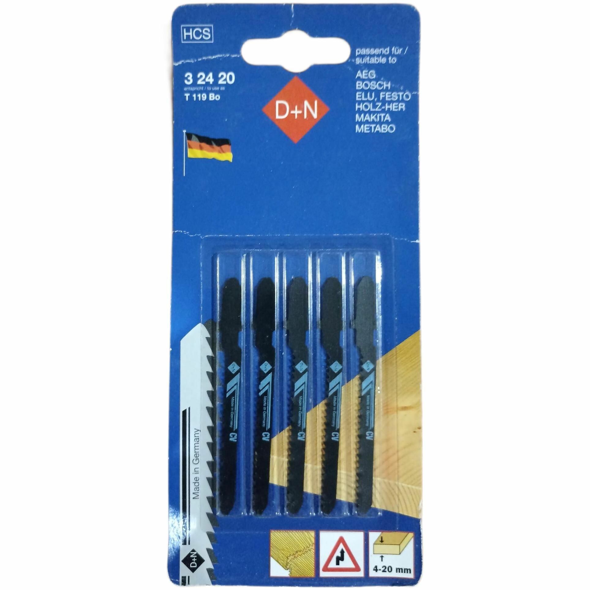 Пилки для лобзиков D+N T119BO HCS длина 50мм, шаг зуба 2мм, дерево, ДСП <20мм, пластик <20мм, кривой чистый рез (5шт)