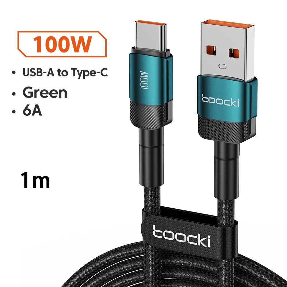 Toocki 6A USB-кабель типа C для Huawei Xiaomi PD 100 Вт, зарядное устройство для HY A-C 1m Green