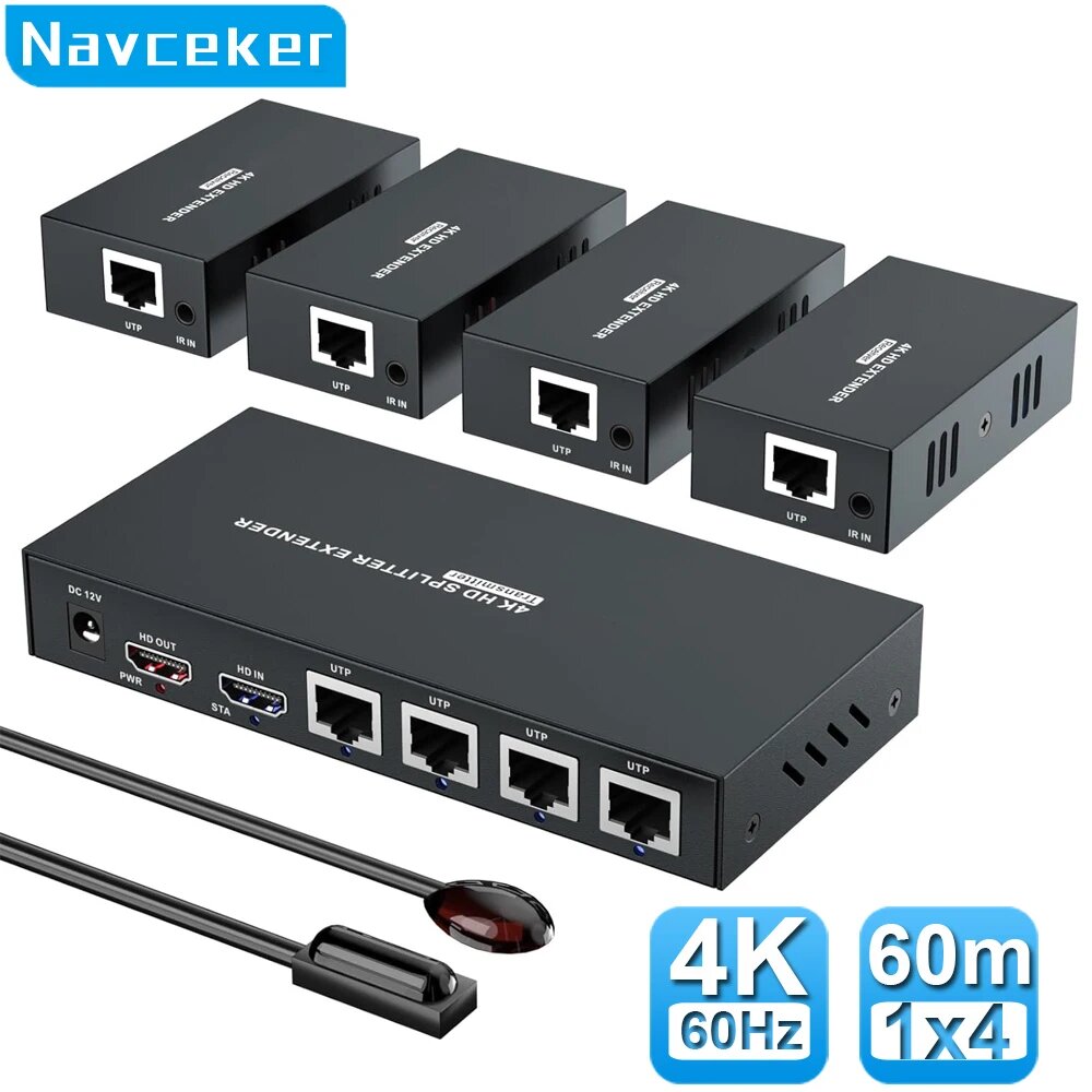 Navceker 4K 60 Гц HDMI Extender Splitter 1x4 3D HDMI RJ45 Extender 60 м Ethernet-передача через CAT5e/6/7 4-канальный 1 контурный выход