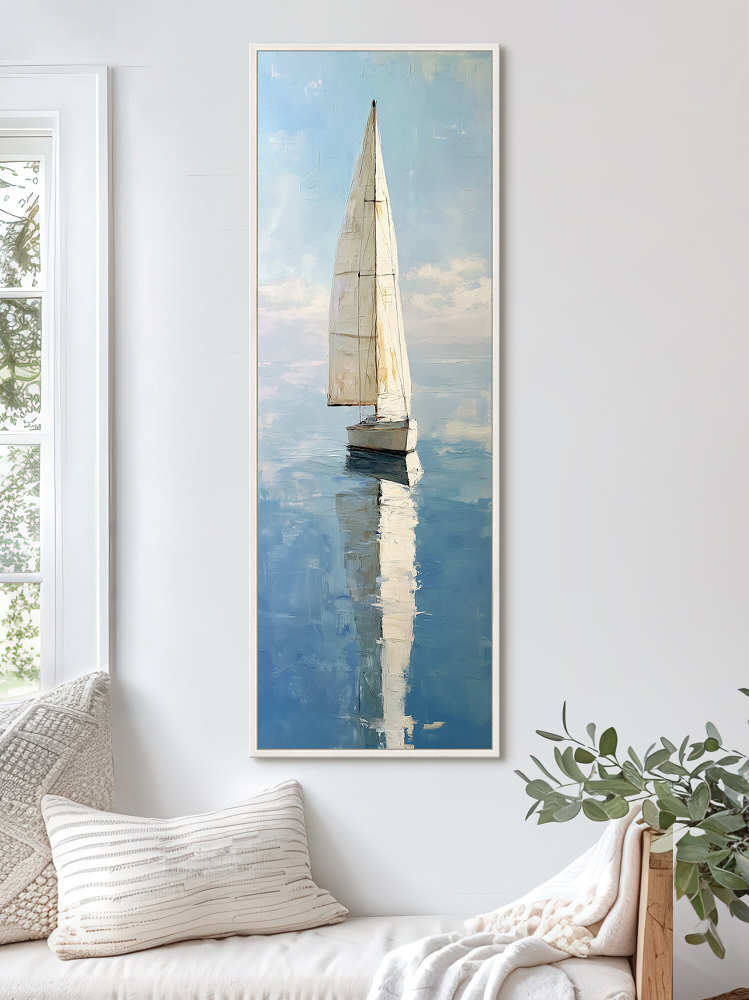 Картина "парус 2" 33×93 см — интерьерная картина в раме, вертикальная, на бумаге, яхта, парус, море, Арт Хаус