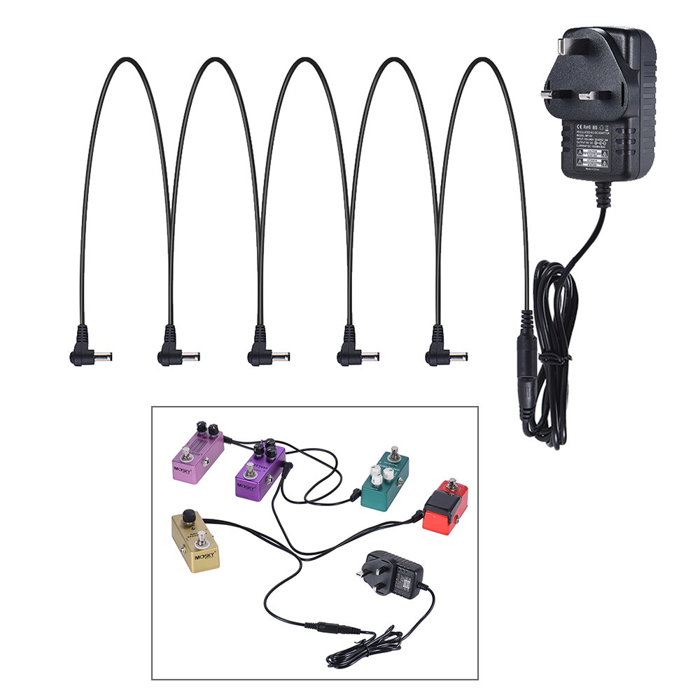 Адаптер питания для гитарных эффектов 9 В постоянного тока 1000 мА, 5-контактный кабель для последовательного подключения, отрицательный полюс внутри, положительный по внешнему полюсу.