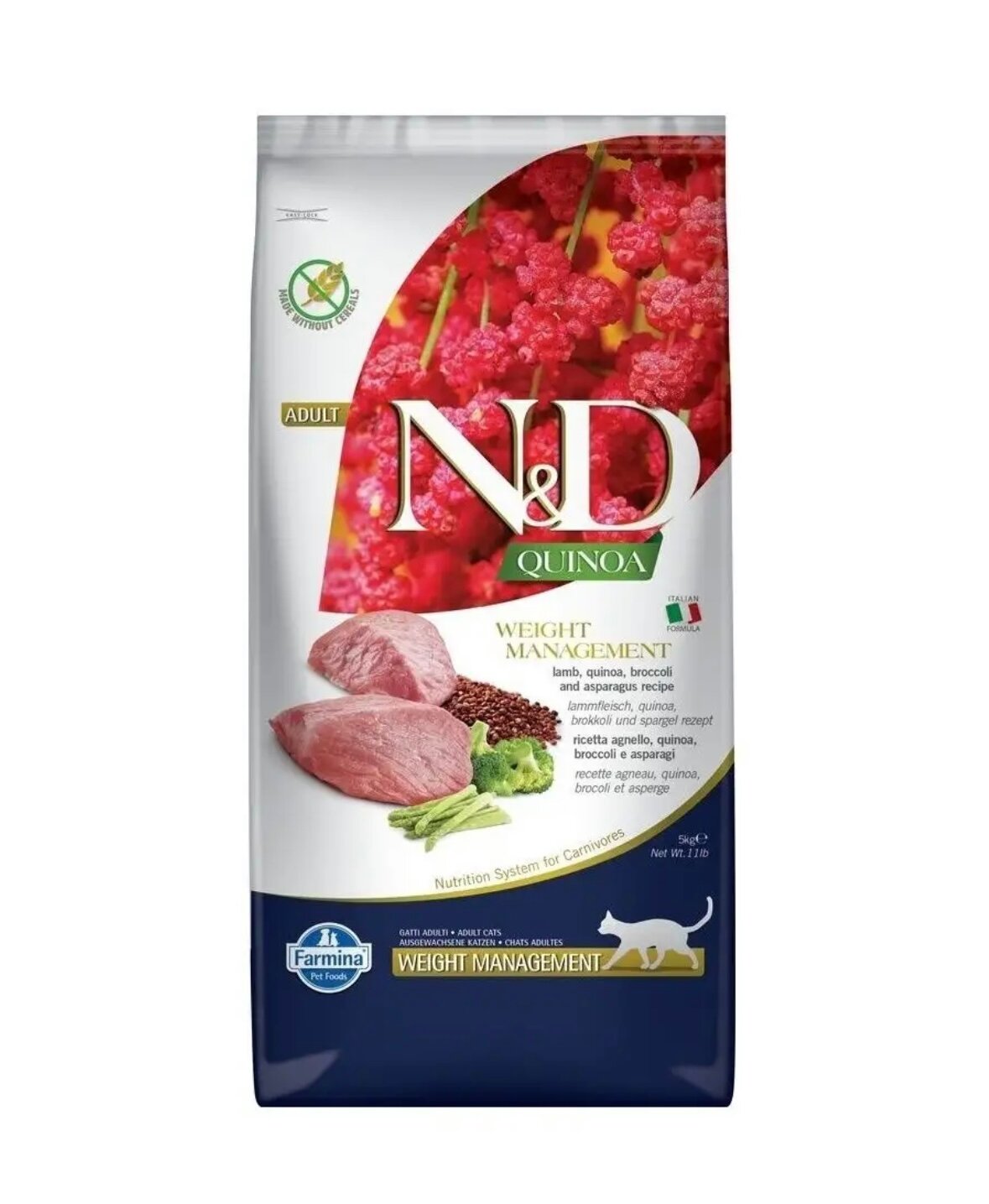 Сухой корм Farmina ND Cat GF Quinoa Weight Management Lamb для взрослых кошек с ягненком, контроль веса, 5 кг