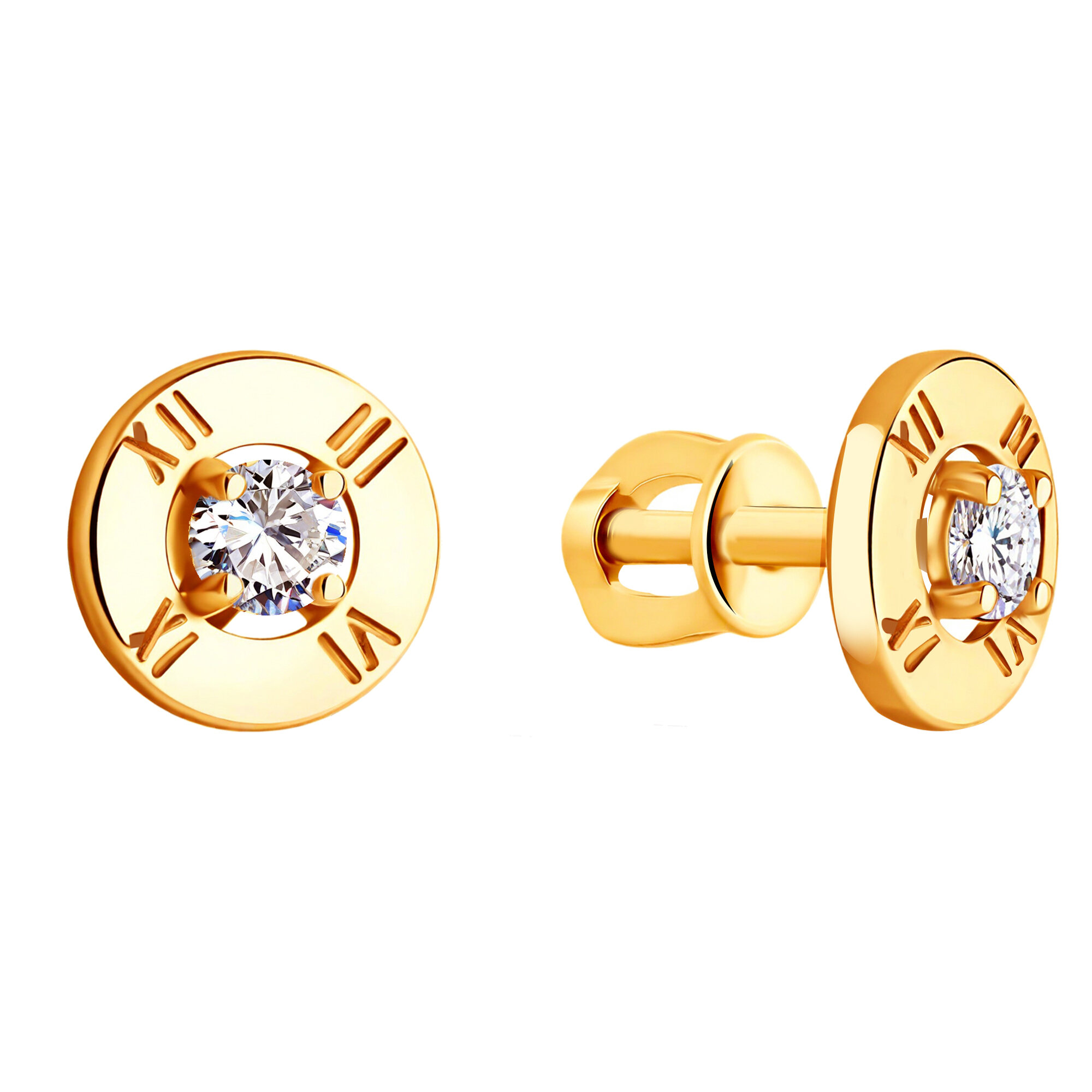 Серьги пусеты, красное золото, 585 проба, фианит