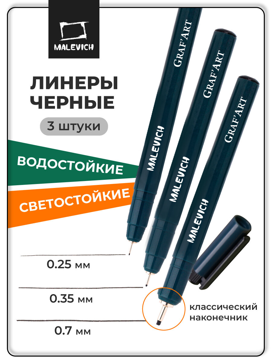 Комплект капиллярных ручек Малевичъ Graf'Art, набор линеров №4, 01, 03, 08