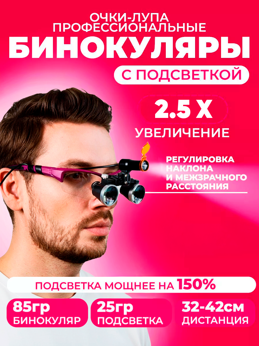 Налобная лупа - очки бинокулярные 2,5х с подсветкой