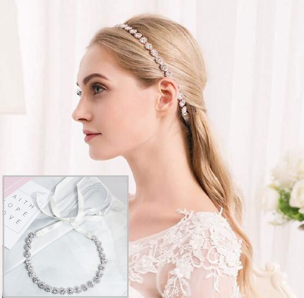 Повязка ободок на голову с кристаллами MyPads N419496, на свадьбу невесте ободок на атласной белой ленте, украшенный стразами, регулируется по разм.