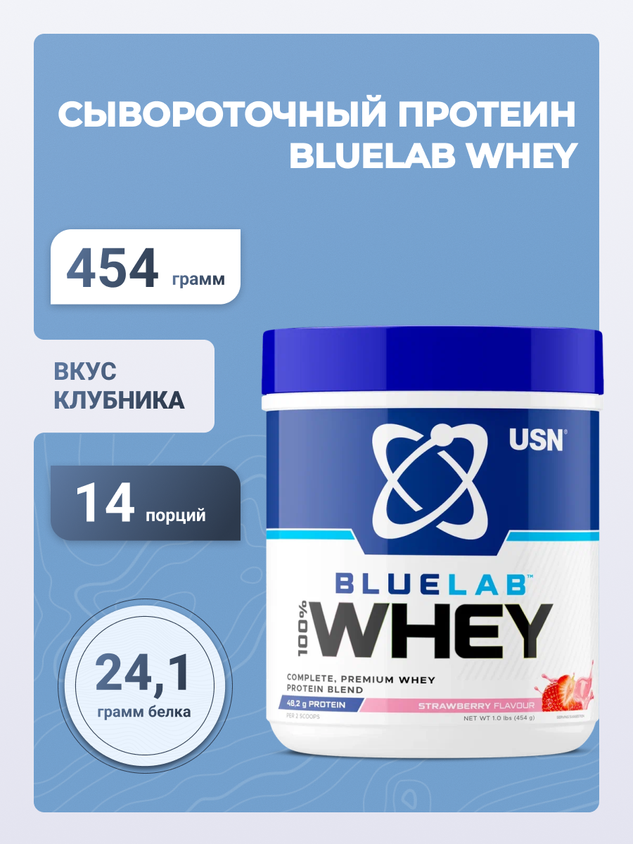 USN BlueLab 100% Premium Whey блюлаб 100% ВЕЙ премиум протеин со вкусом клубники, порошок, 454 гр