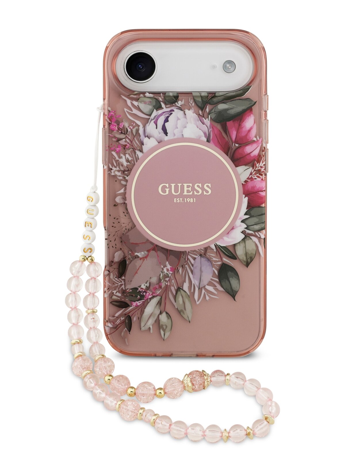 Guess чехол с MagSafe для iPhone Air, с принтом IML Flowers, со шнурком на руку, розовый
