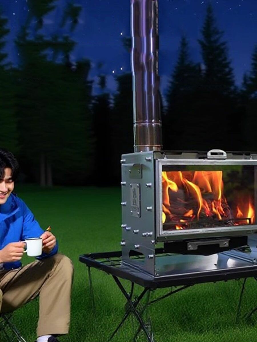 Печь-камин дровяная отопительная походная для, Со стеклянными окнами