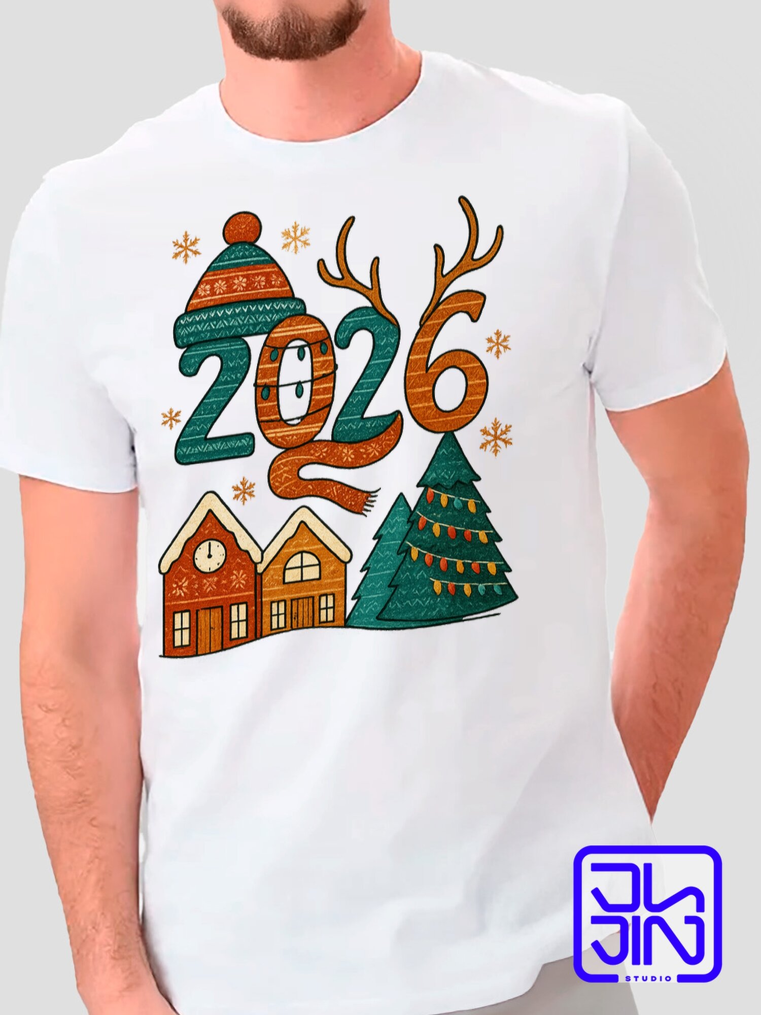 Футболка классическая мужская с авторским принтом Винтажная терракотовая елка с деревом и часами, ретро оранжевый зимний принт, белый хлопковый трикотаж с прикольным рисунком на груди