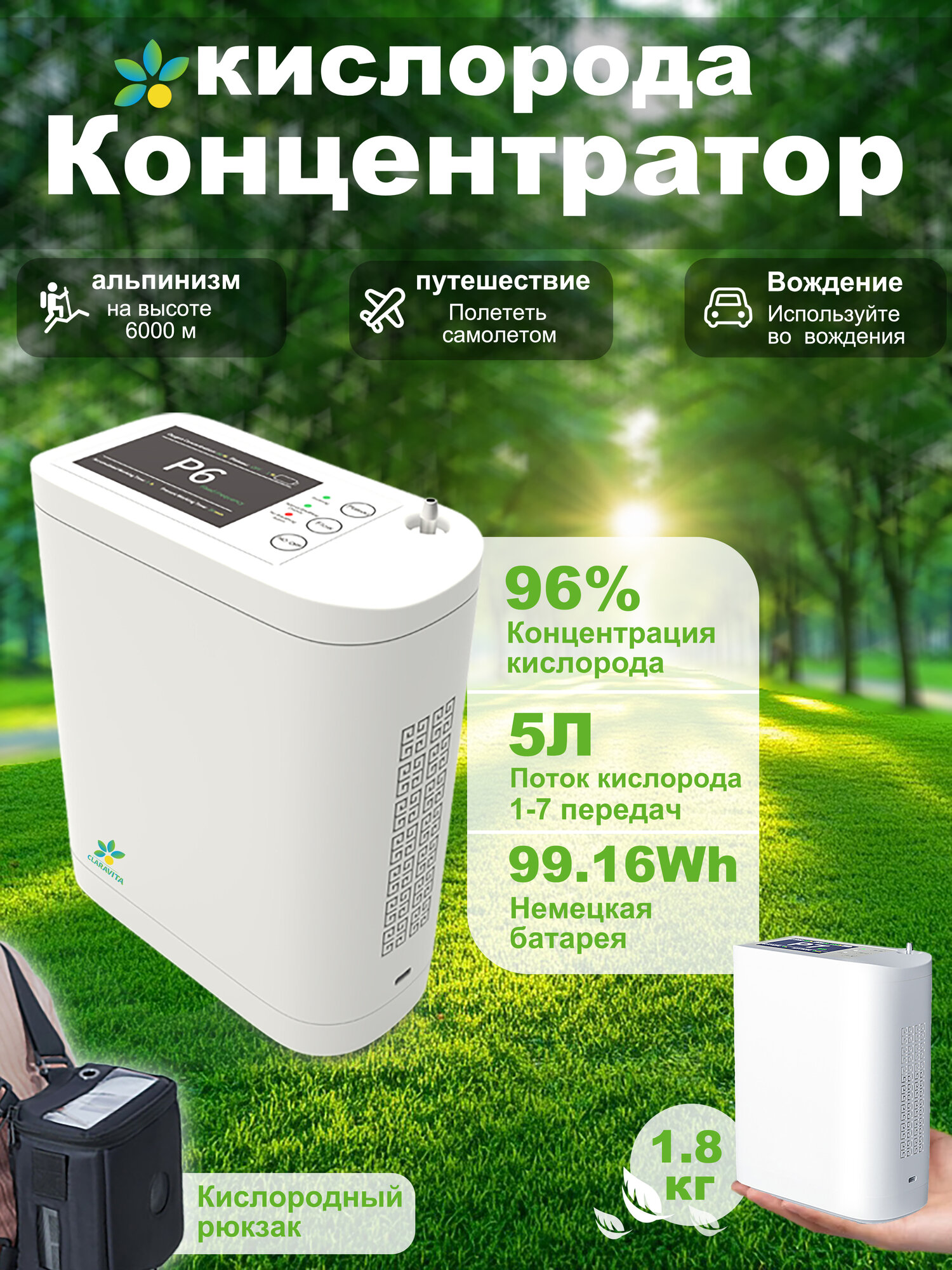 Кислородный концентратор "Кислородный спутник", с ионизацией, с автомобильным адаптером