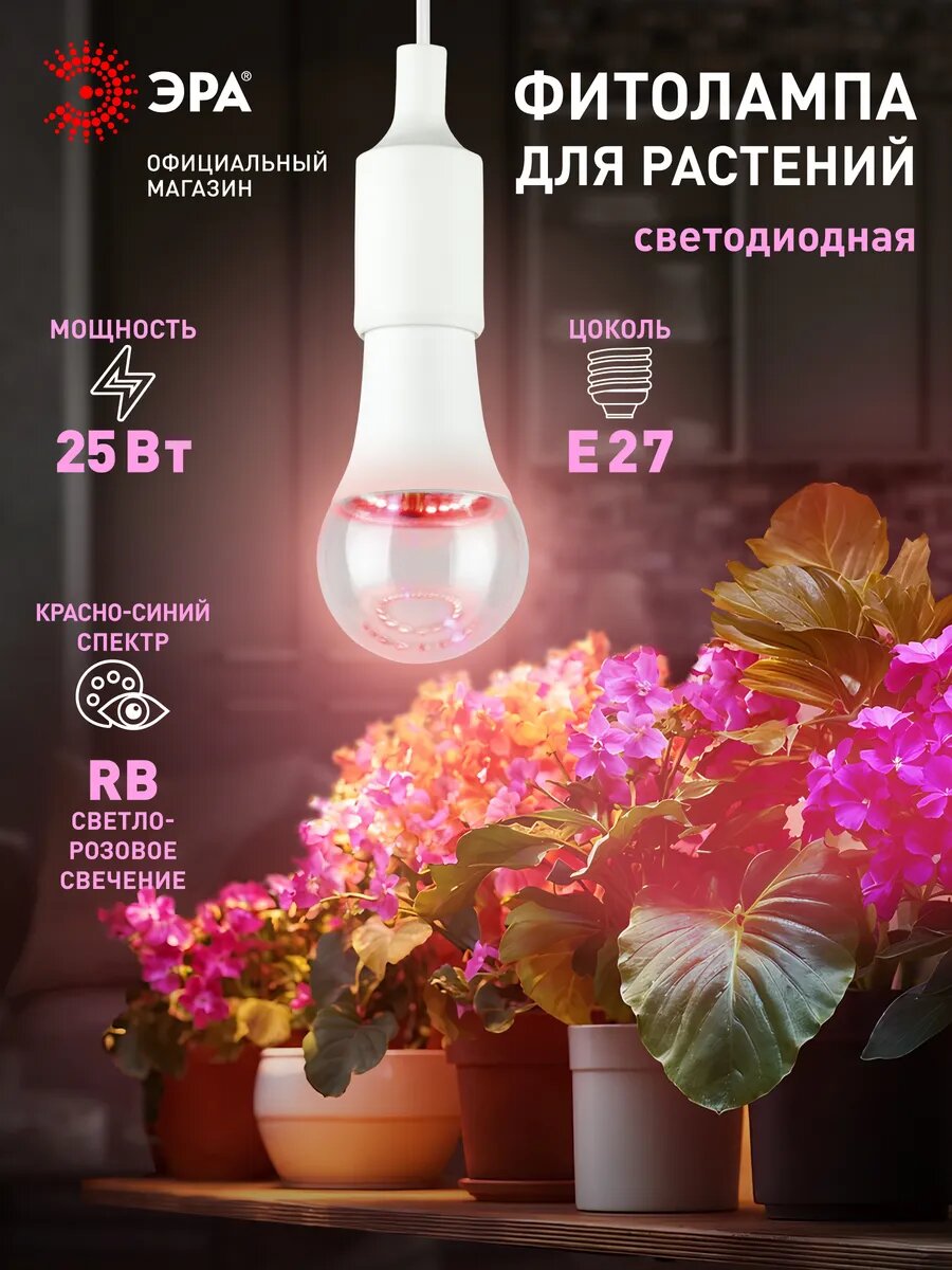 Фитолампа для растений светодиодная ЭРА FITO-25W-RB-E27 красно-синего спектра 25 Вт Е27