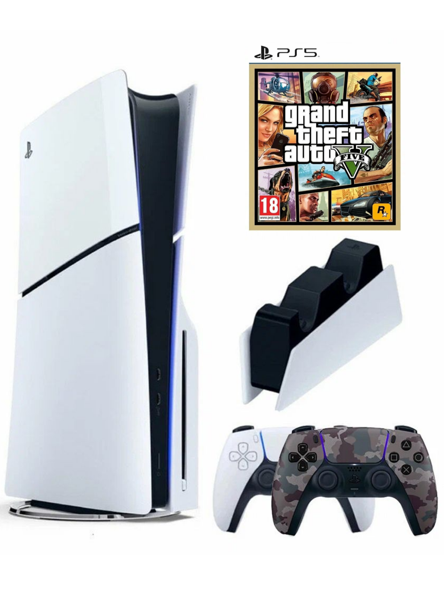 PS5 (ПС5) Игровая приставка Sony PlayStation 5 Slim + 2-й геймпад(камуфляж) + зарядное+ игра GTA5