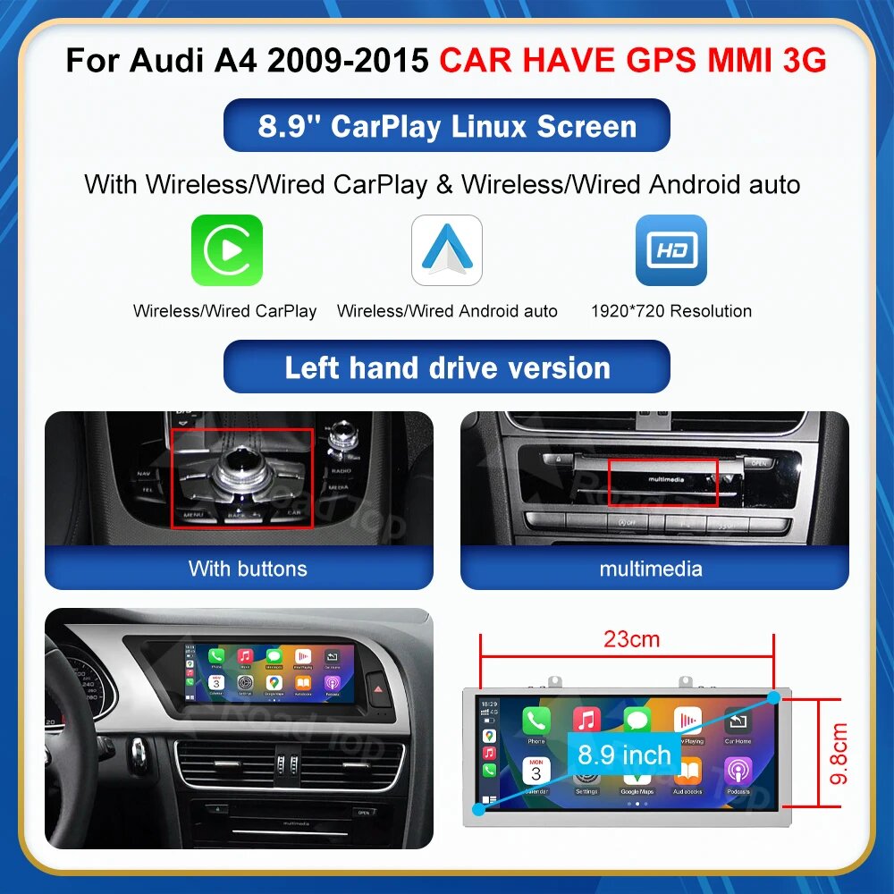 8.9" Android Carplay для Audi A4 2009-2015, LHD