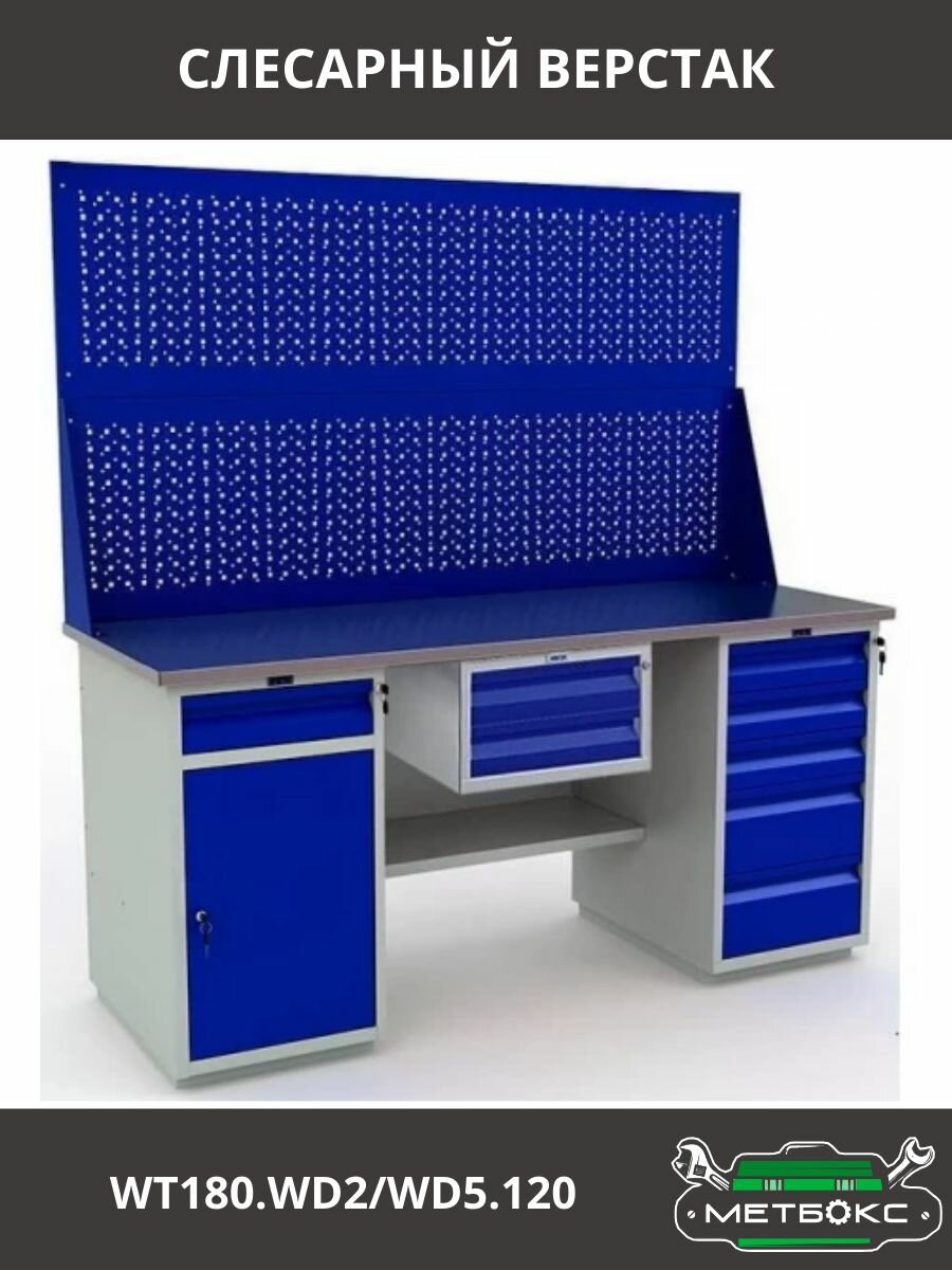 Верстак двухтумбовый слесарный Практик Profi W WT180. WD2/WD5.120 (с подвесным ящиком и двумя экранами, 1800 мм, для резки, заточки, обработки металлов, универсальный)