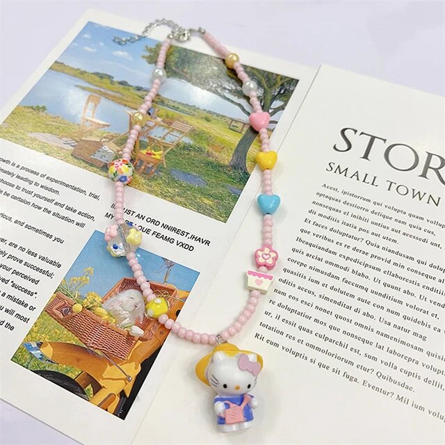 Оригинальный кулон ручной работы Hello Kitty Kuromi, подарочное ожерелье с ключичной цепочкой Sanrio с бисером, мультяшный красочный дизайн