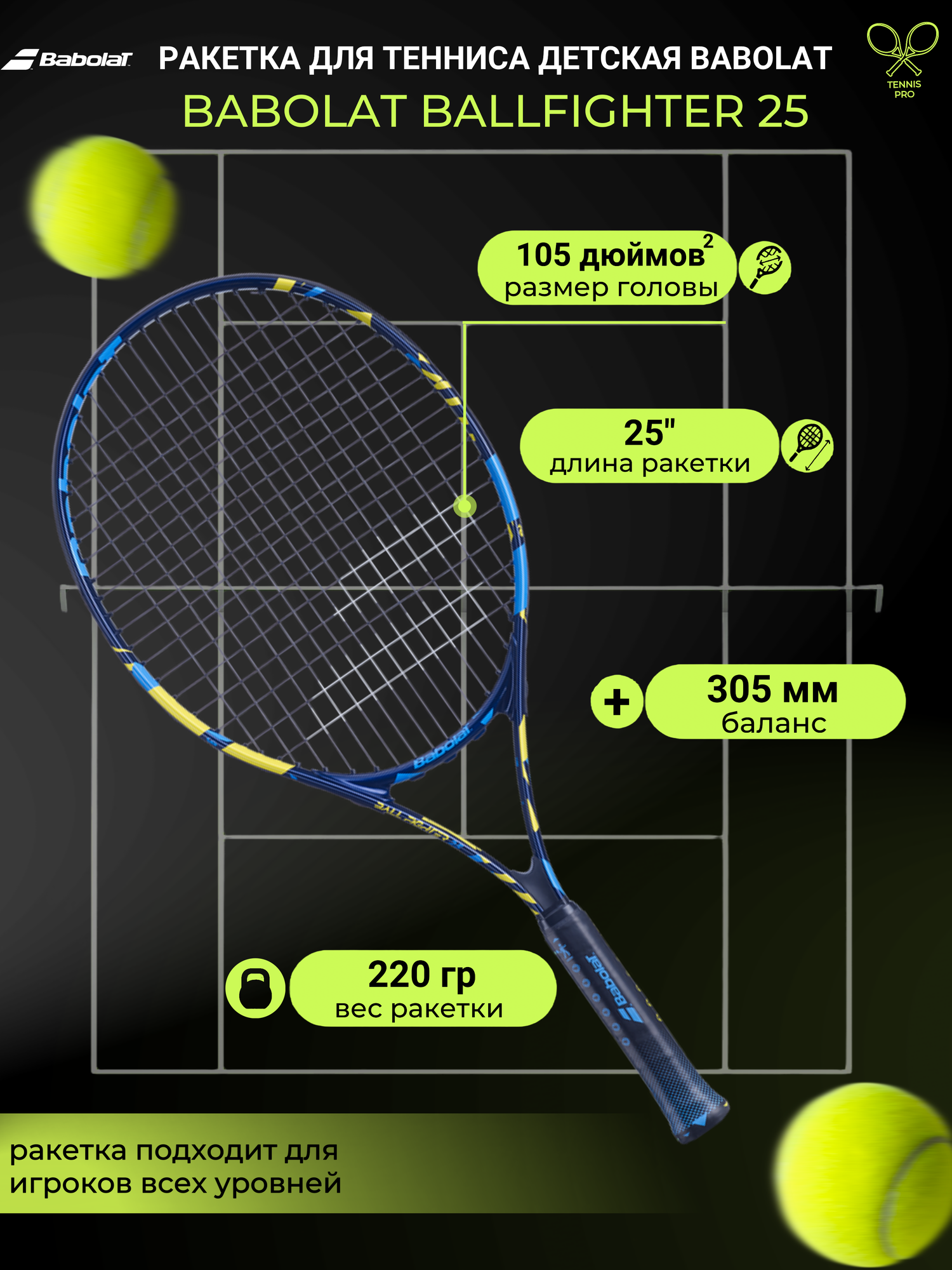 Теннисная ракетка детская BABOLAT Ballfighter 25, синий, желтый, голубой