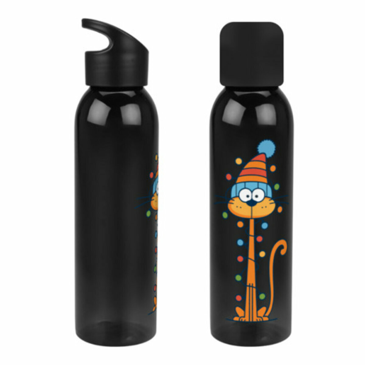 Бутылка для воды «Кот в новогодней гирлянде. Прикол, мем» (черный)