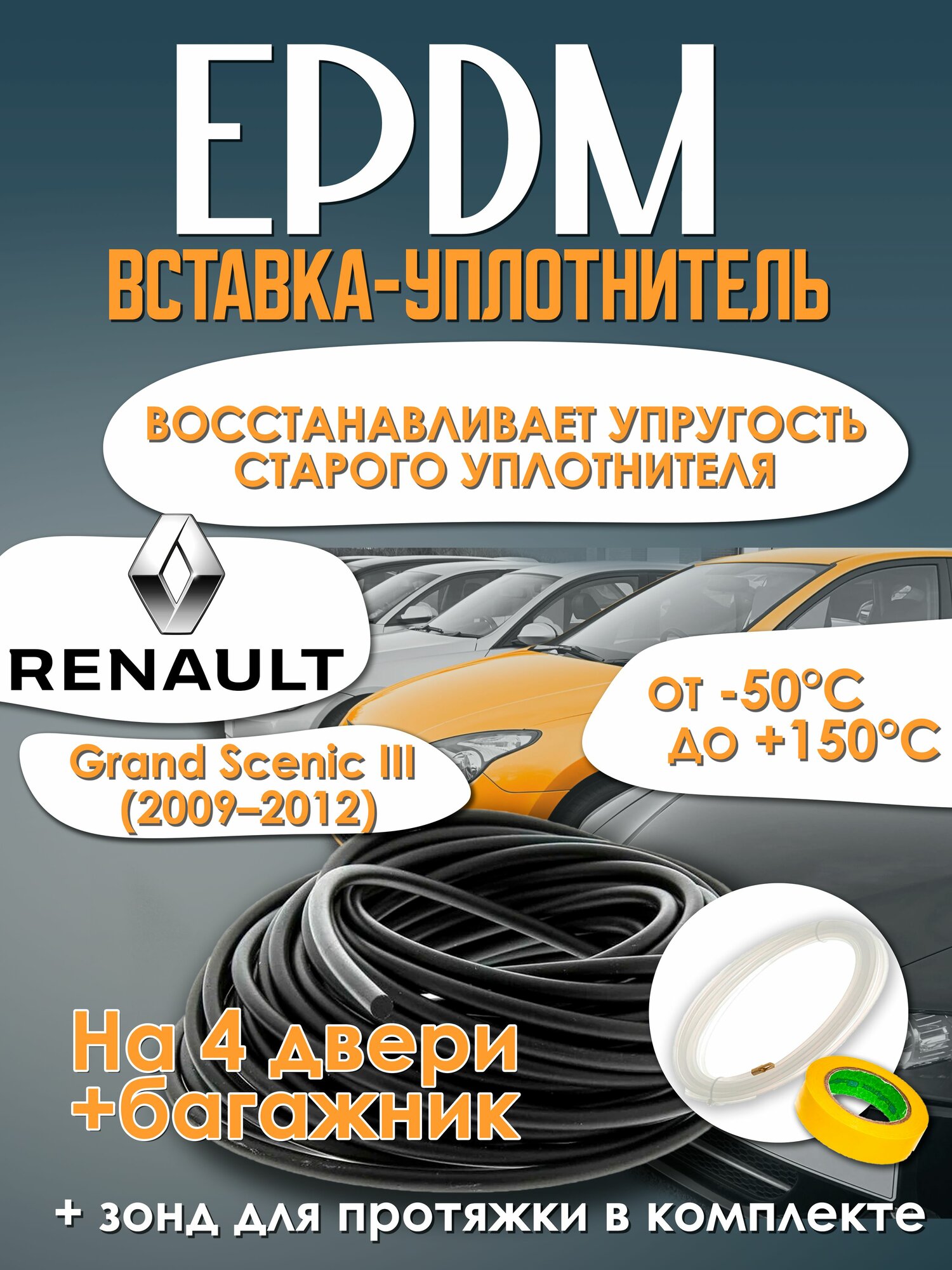 EPDM вставка-уплотнитель для дверей автомобиля Renault Grand Scenic III (2009-2012) / Рено Гранд Сценик 3 поколение