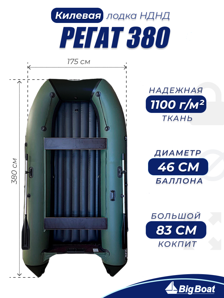 Надувная, под мотор, килевая лодка из ПВХ для рыбалки Regat (Регат) 380 НДНД