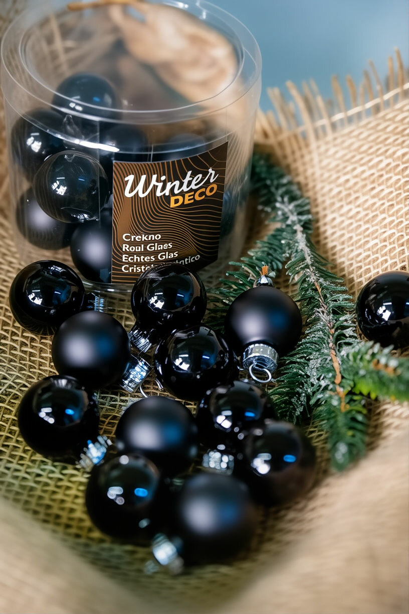 Стеклянные шары делюкс матовые и глянцевые, цвет: чёрный, 25 мм, упаковка 24 шт, Winter Deco 010611