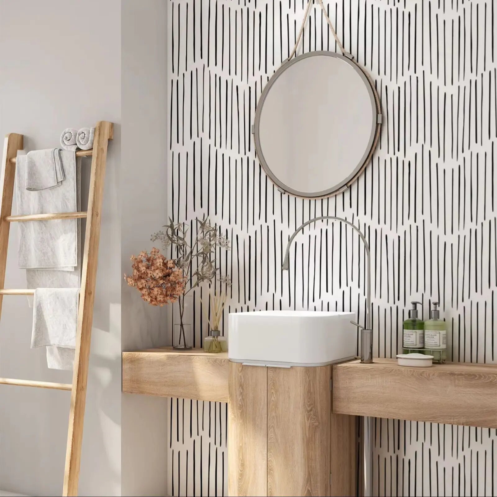 Древесноволокнистые обои Pixel&Wall "Абстрактная линия", черно-белые Tradition Non-Woven