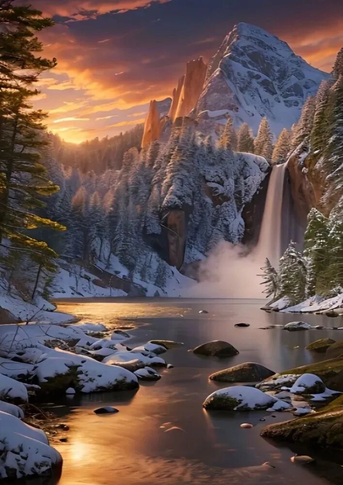 Алмазная Мозаика "Водопад В Заснеженных Горах" 40x50 См Алмазная Вышивка / Картина Стразами Подарков / Украшения