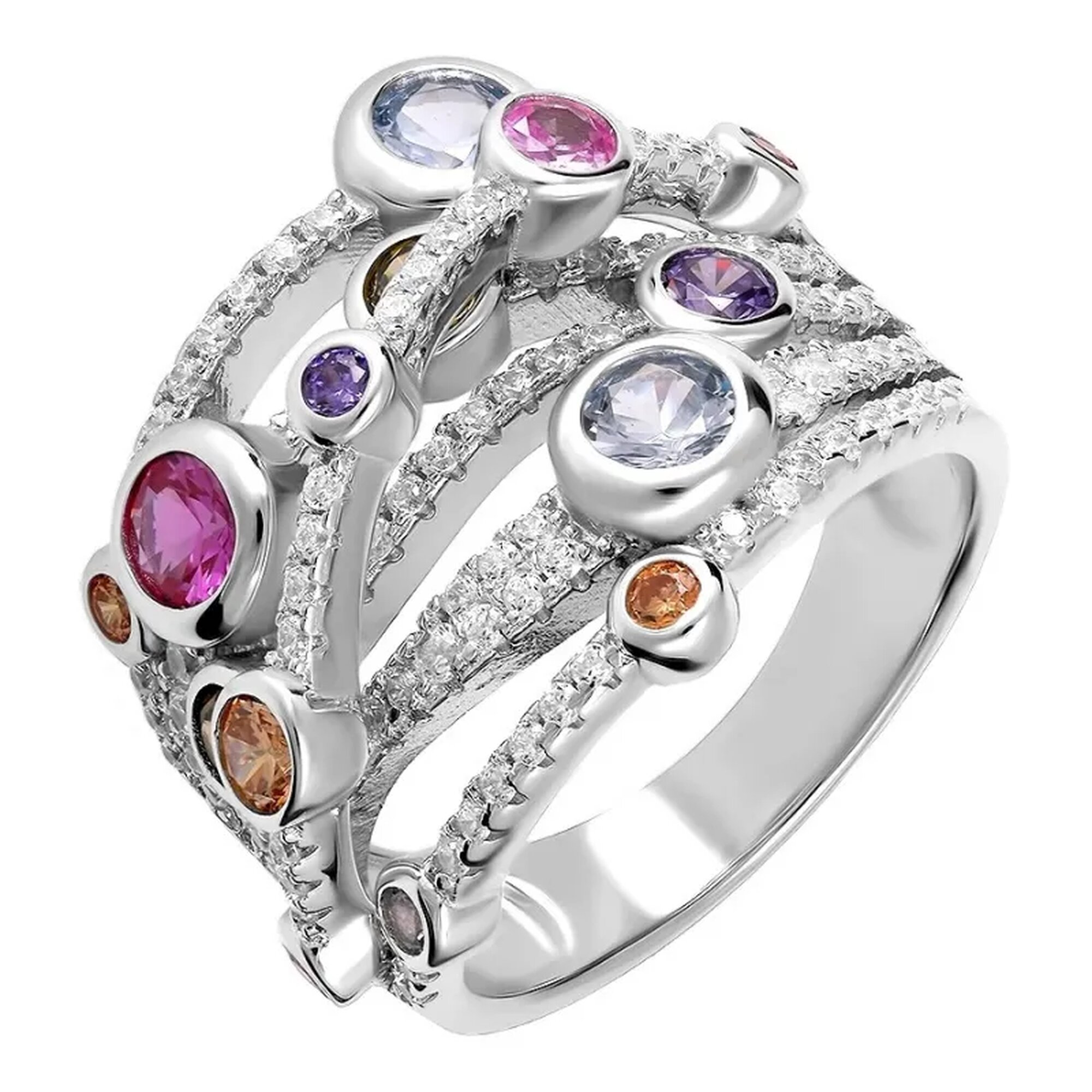 Кольцо широкое, серебро, 925 проба, родирование, шпинель, фианит, корунд