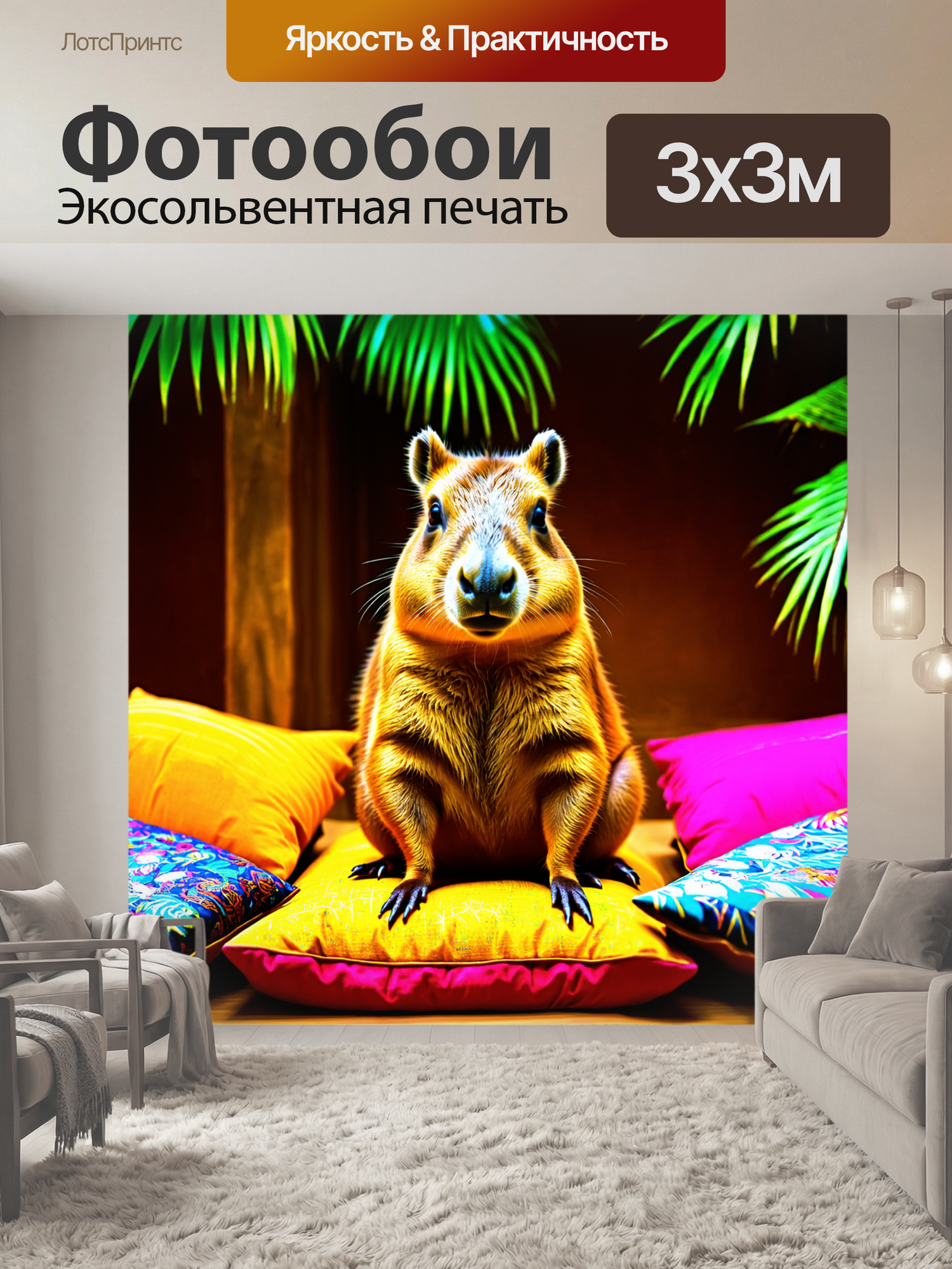 Фотообои "Капибара, погруженная в экзотическую атмосферу, сидя на подушках и украшенных яркими тканями, придающих сцене атмосферу уюта и тепла." 300x300 см. экосольвентная печать