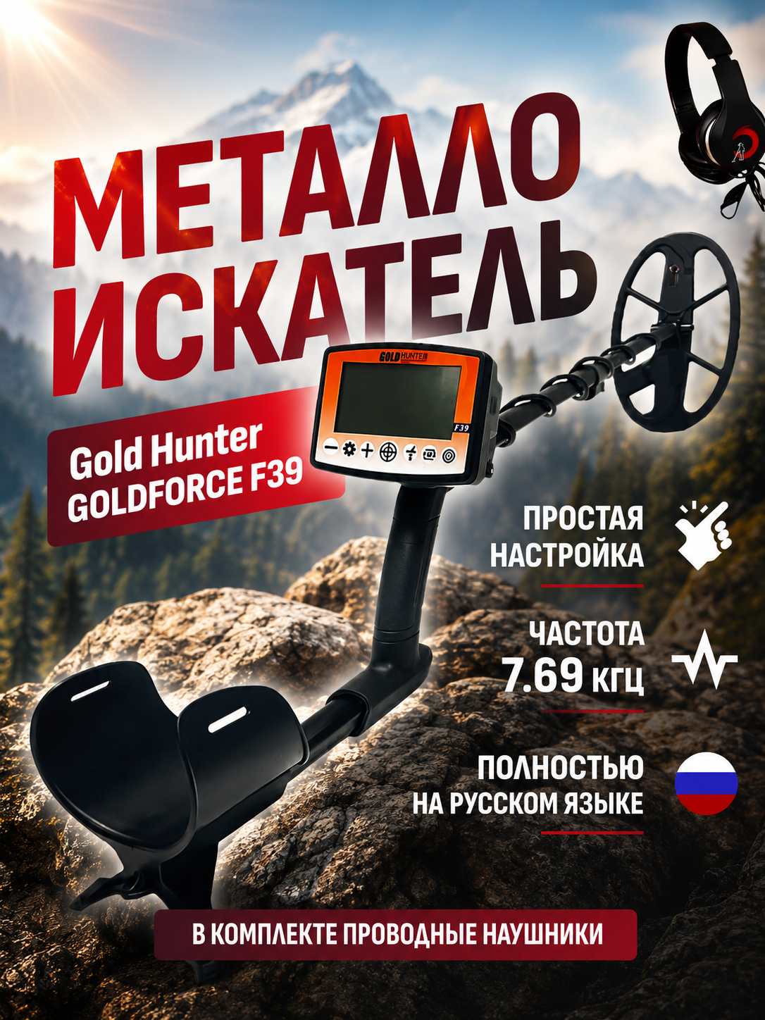 Грунтовый металлоискатель Gold Hunter GOLDFORCE F39 с дисплеем на русском языке и проводными наушниками