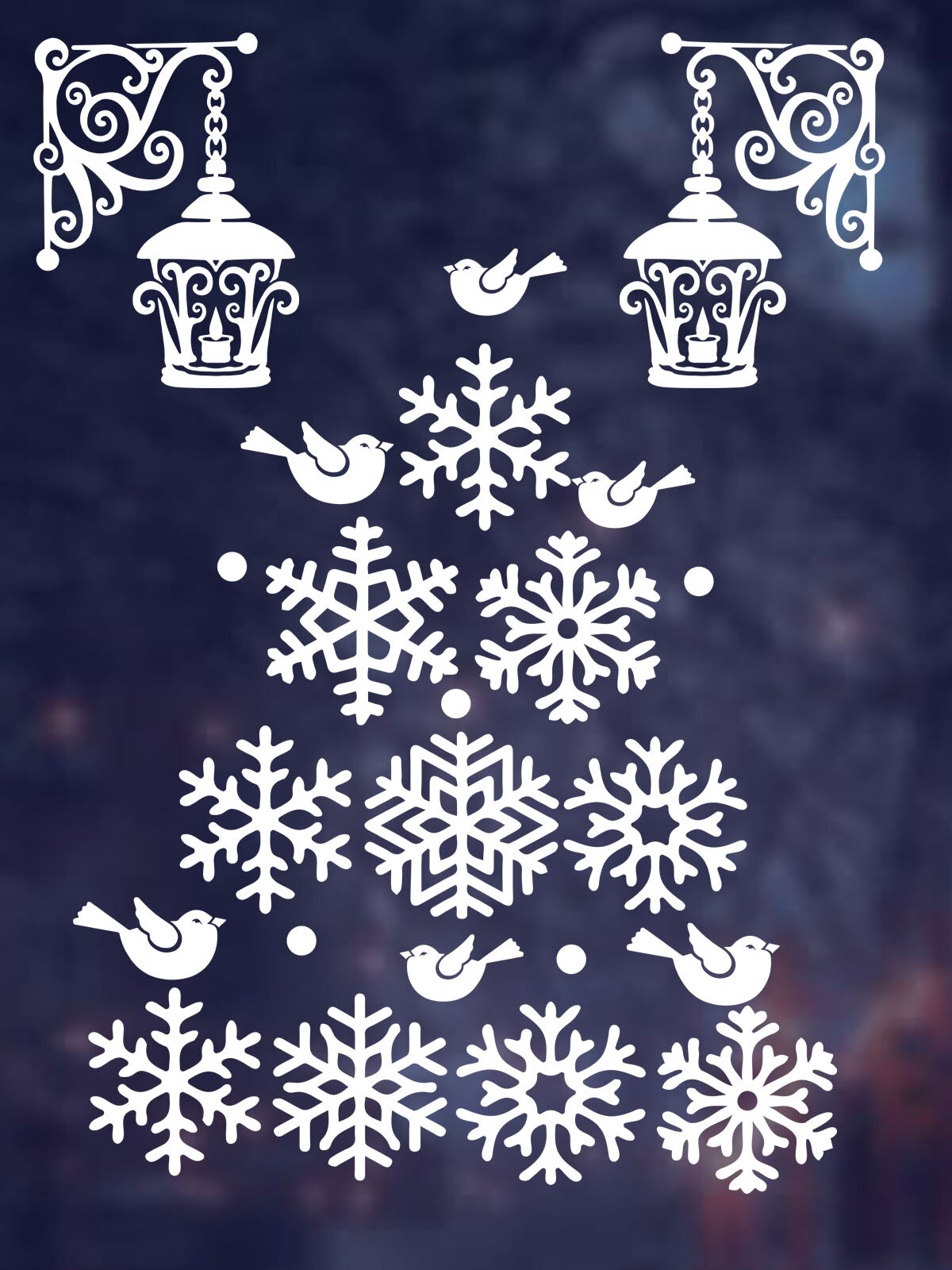 Наклейка 'Фонари с птичками' (Новогодний набор на окно снежинки, птицы, рождественские фонари, кружки снега)