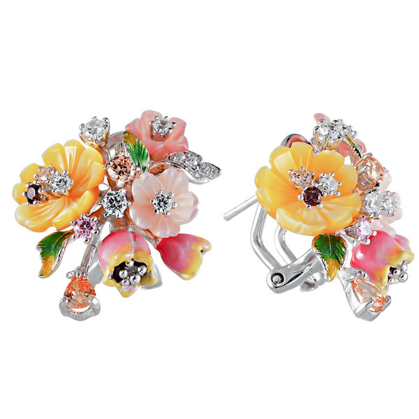 Серьги, серебро, 925 проба, перламутр, эмаль, фианит