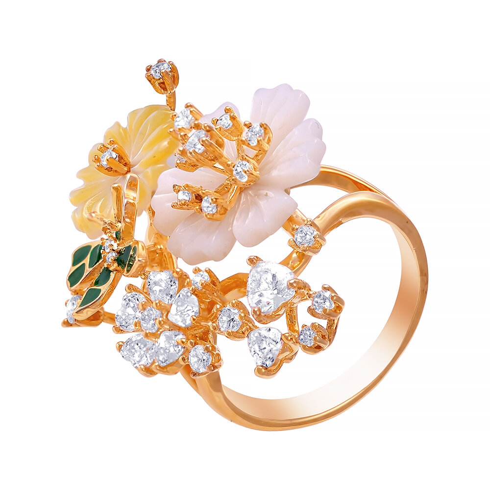 Кольцо, серебро, 925 проба, фианит, перламутр, эмаль