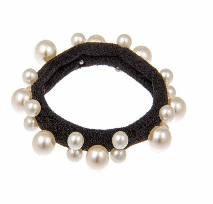 Резинка для волос черная 5см с маленькими и большими жемчужинками 1шт.