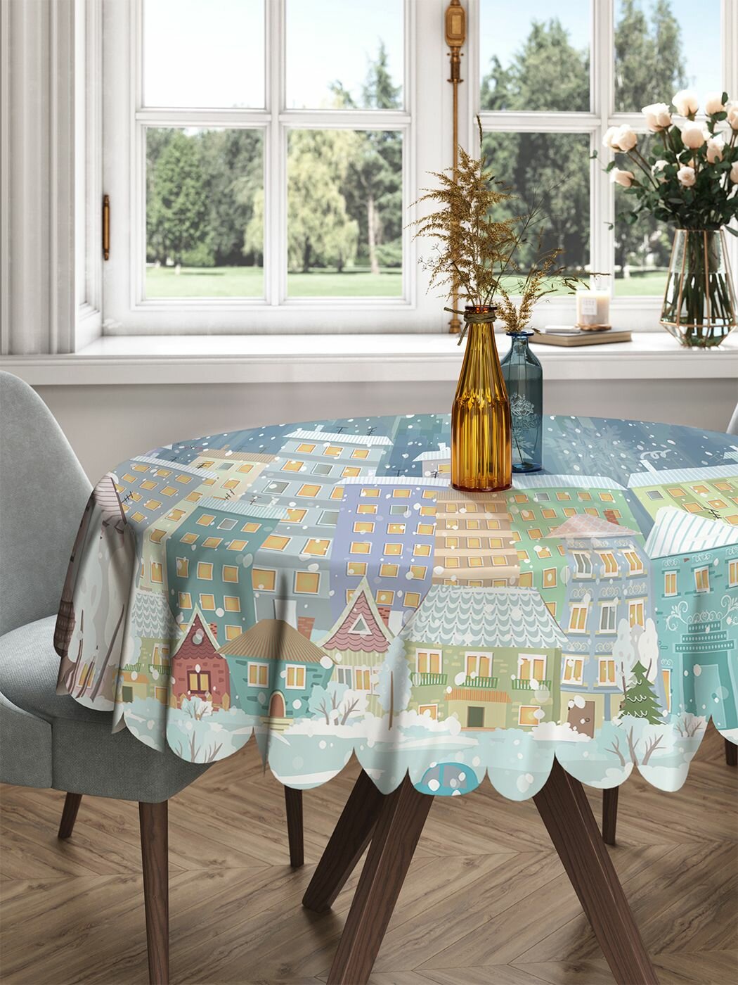 Скатерть на круглый стол с рисунком "Канун Нового Года", JoyArty, 150х150 , серия Новый год