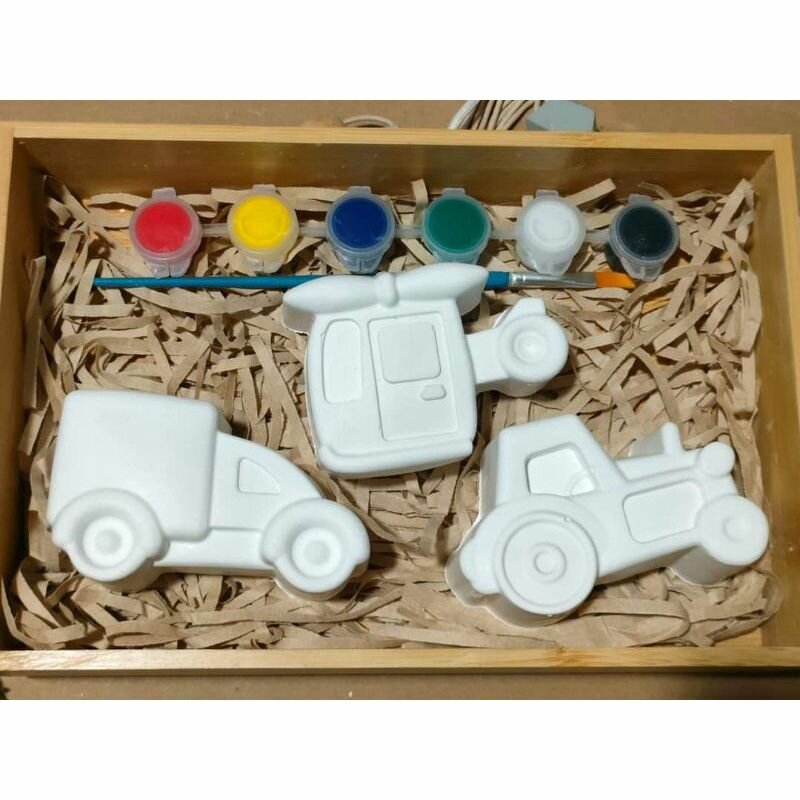 Антистресс комплект гипсовых фигурок для раскрашивания. В наборе вертолет, трактор, грузовик, кисточка и краски