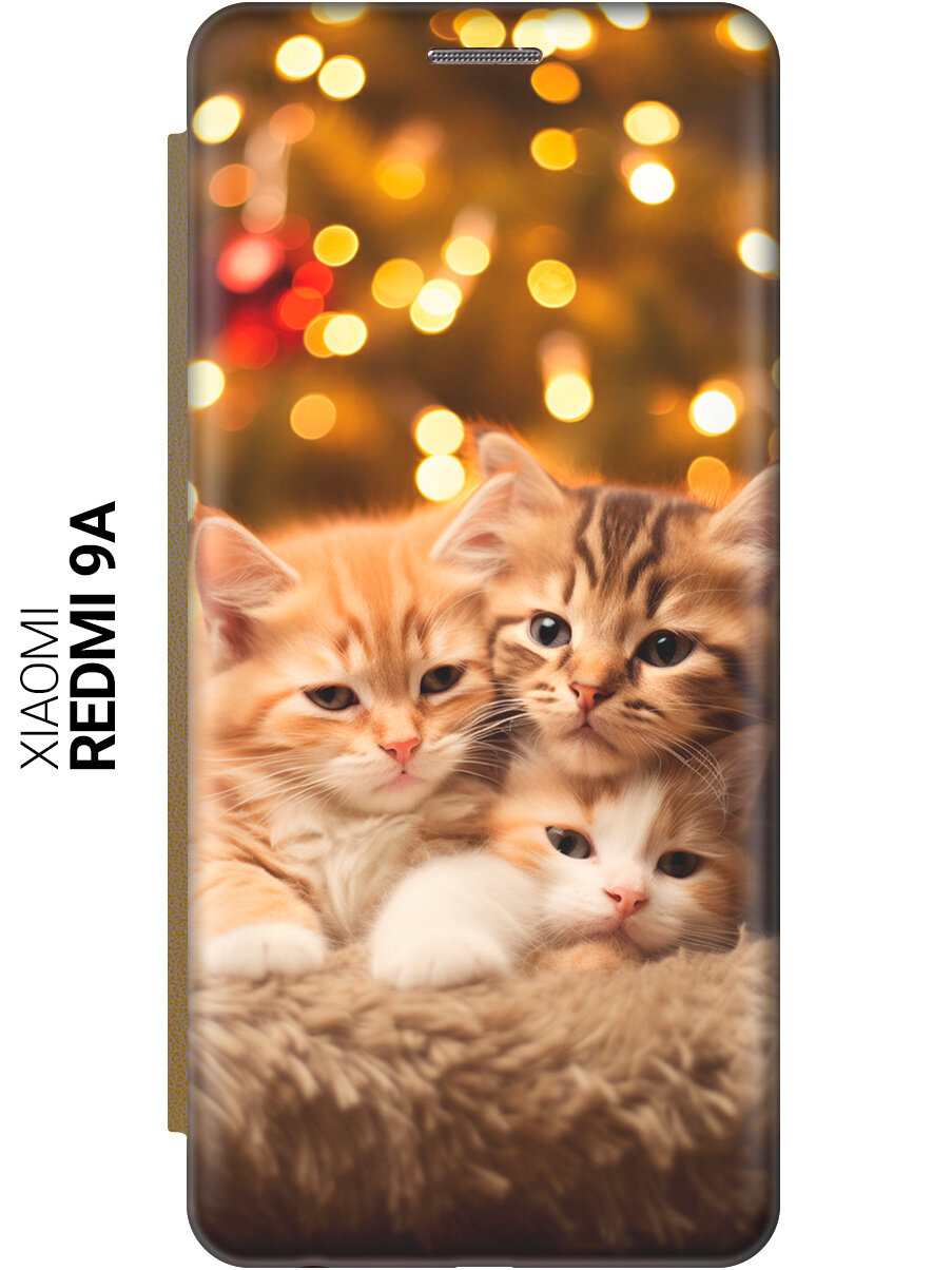 Чехол-книжка на Xiaomi Redmi 9A / Сяоми Редми 9А с рисунком "Котята и Новый Год" золотистый