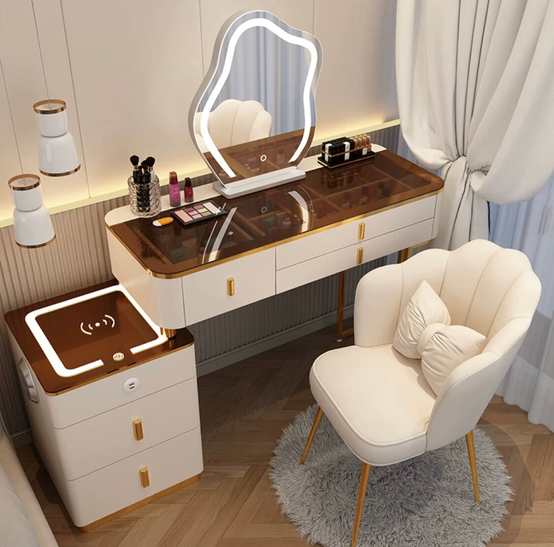Туалетный столик MoonMalika (Стол 100см белое основание/ коричневое стекло / фигурное зеркало / стул с подушкой бантиком)