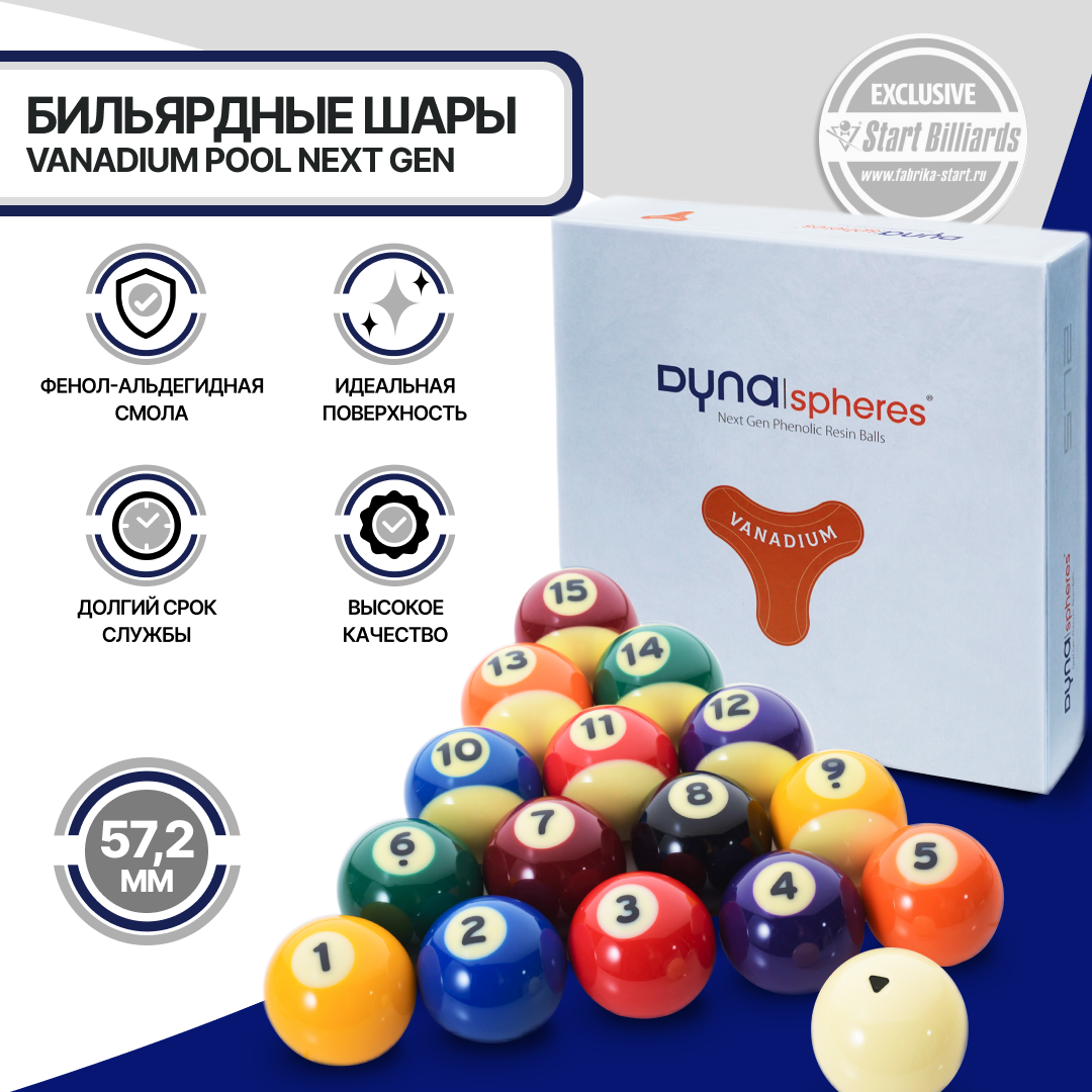 Шары для бильярда Dyna Spheres "Vanadium Pool", для американского пула, 57,2 мм, 16 шт