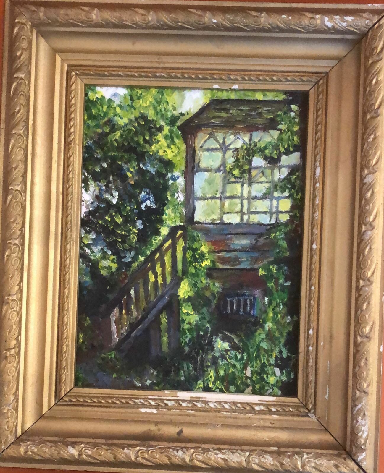 Картина в старинной раме. Миляева Нина "Терраса", холст, масло, 18x24. Авторская живопись.