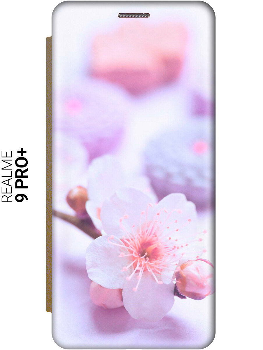 Чехол-книжка на Realme 9 Pro+ / Рилми 9 Про+ с рисунком "Цветок вишни" золотистый