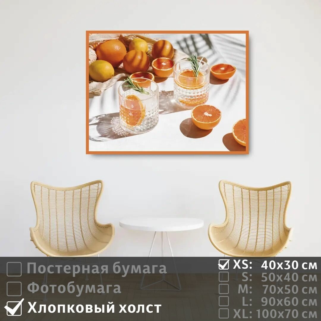 Постер на холсте Оранжевые Апельсины В Бокалах 40х30 см ПолиЦентр