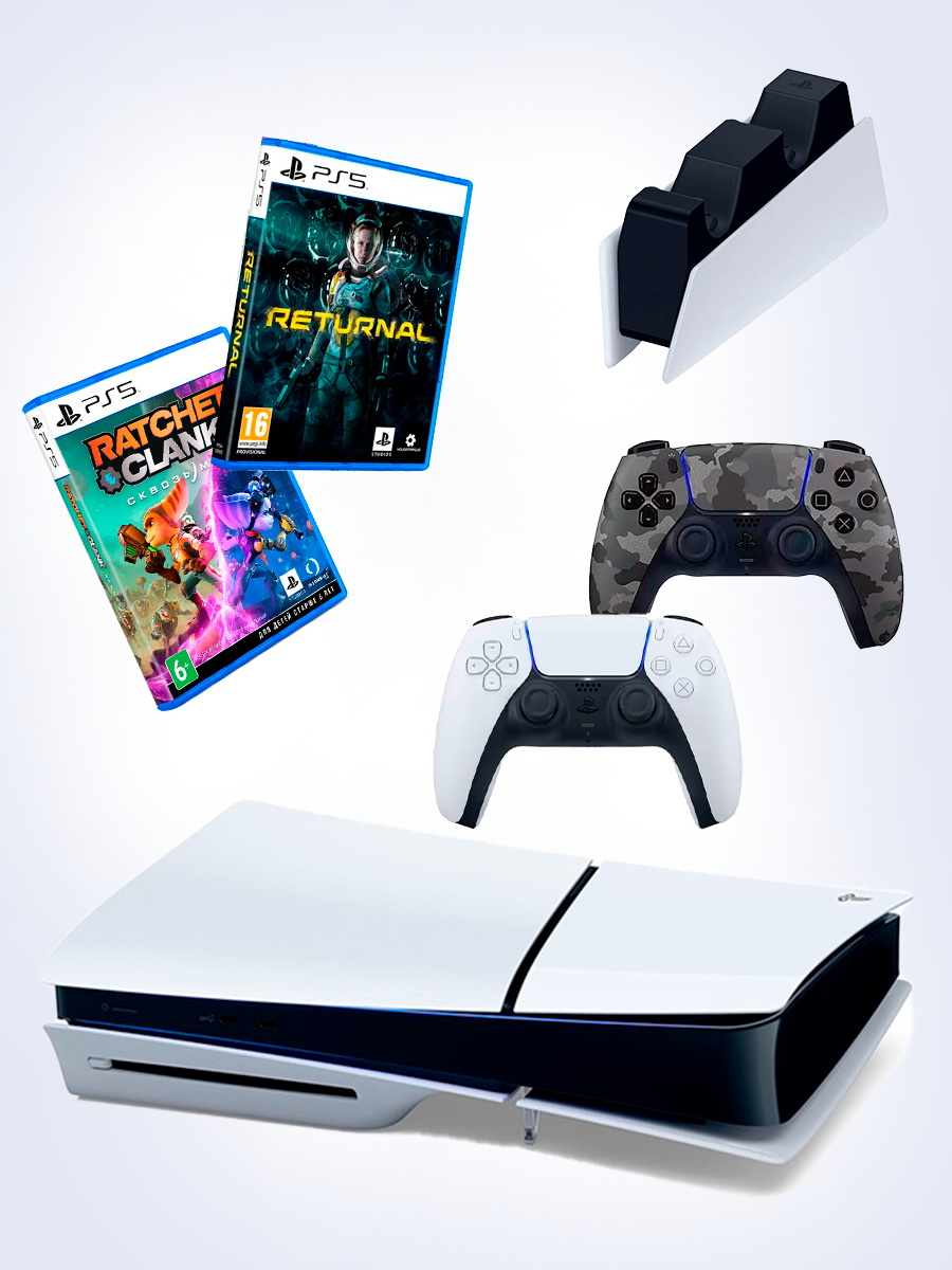 PS5 (ПС5) Игровая приставка Sony PlayStation 5 Slim disc + 2-й геймпад(камуфляж) + зарядное + игра Ratchet Clank+ игра Returnal