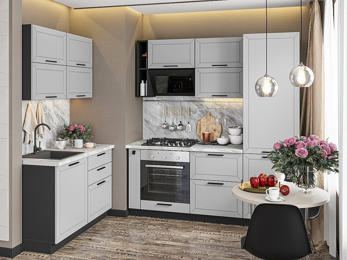 Кухня Глетчер-03, цвет фасада Гейнсборо Силк, цвет каркаса Graphite, 2140*1200/2000*600 мм
