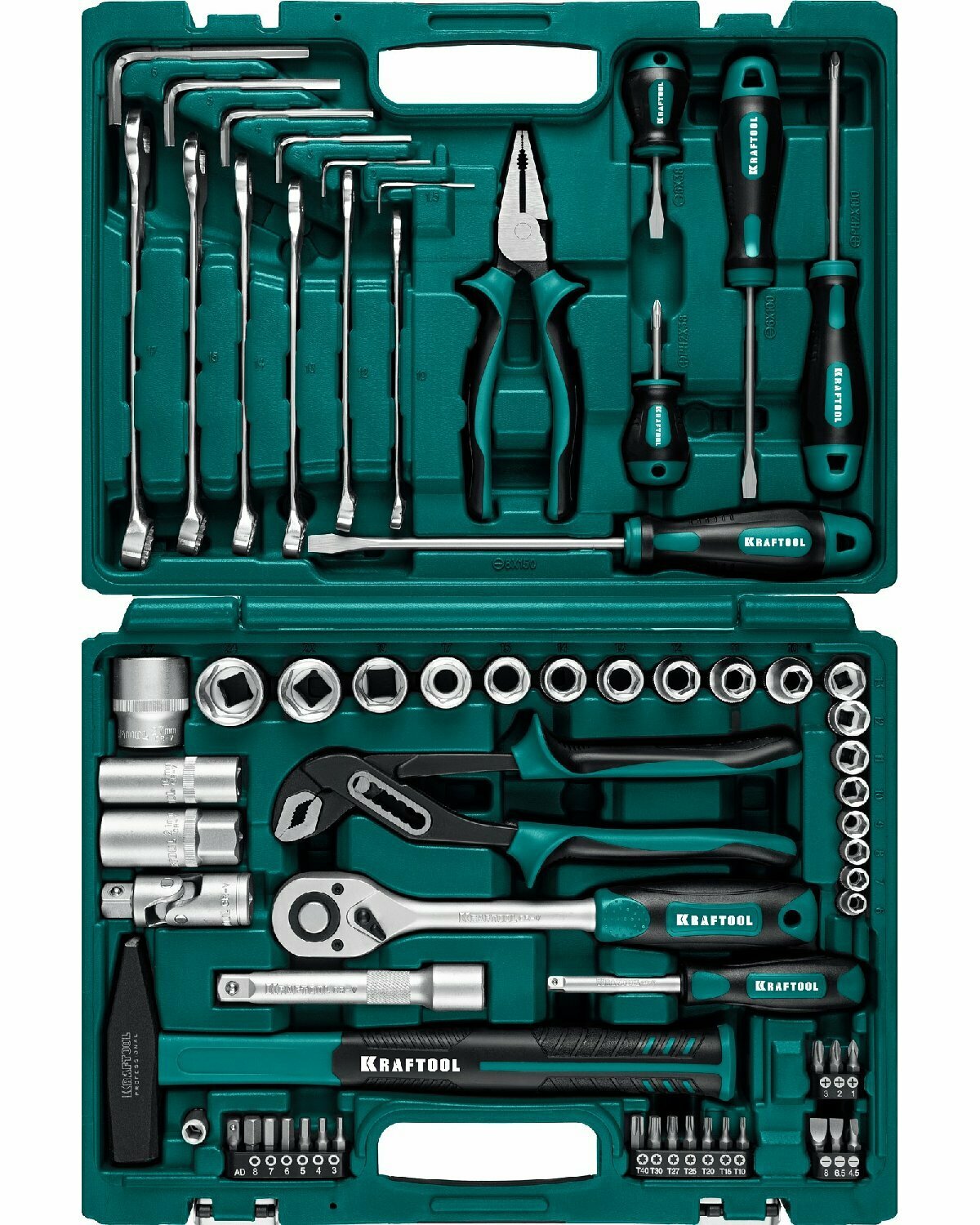 Универсальный набор инструмента KRAFTOOL EXTREM 66 предметов 1/2 и 1/4 дюйма из Cr-V и S2 стали с хроматированным покрытием