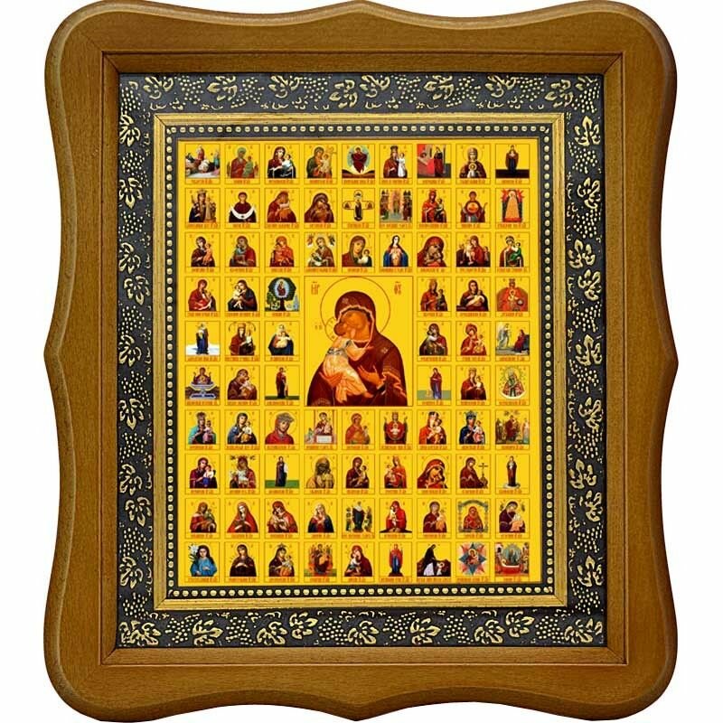 Собор Богородичных икон. Икона на холсте. (17 х 21 см / В деревянном киоте под стеклом).