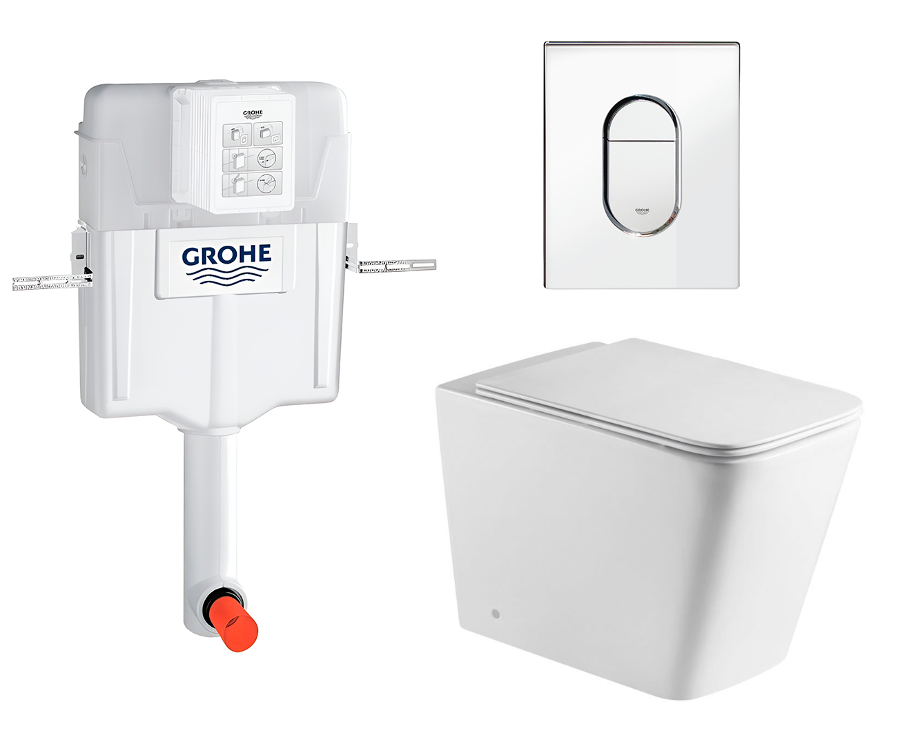 Комплект 3 в 1 смывной бачок скрытого монтажа Grohe GD2 + Унитаз приставной WeltWasser Gelbach 002 GL-WT + Кнопка Arena Cosmopolitan хром