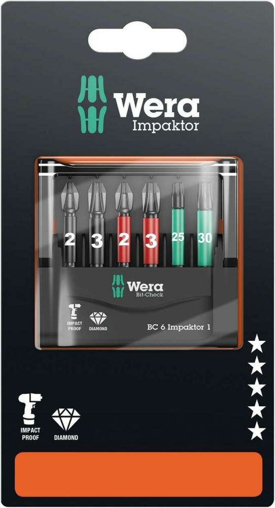 Bit-Check 6 Impaktor 1 SB набор бит ударных, алмаз, 6 пр, 1/4" E6.3 Wera WE-073890