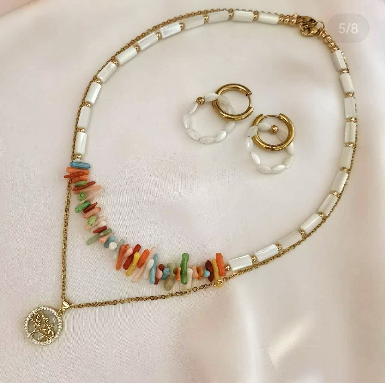 Комплект бижутерии: серьги, чокер, подвеска, коралл, перламутр